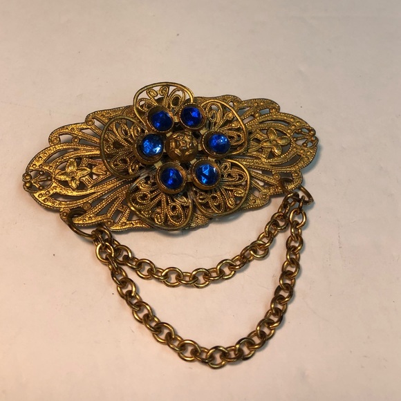 Vintage | Jewelry | Vintage Early Gold Filagree Brass Chain Brooch Pin ...
